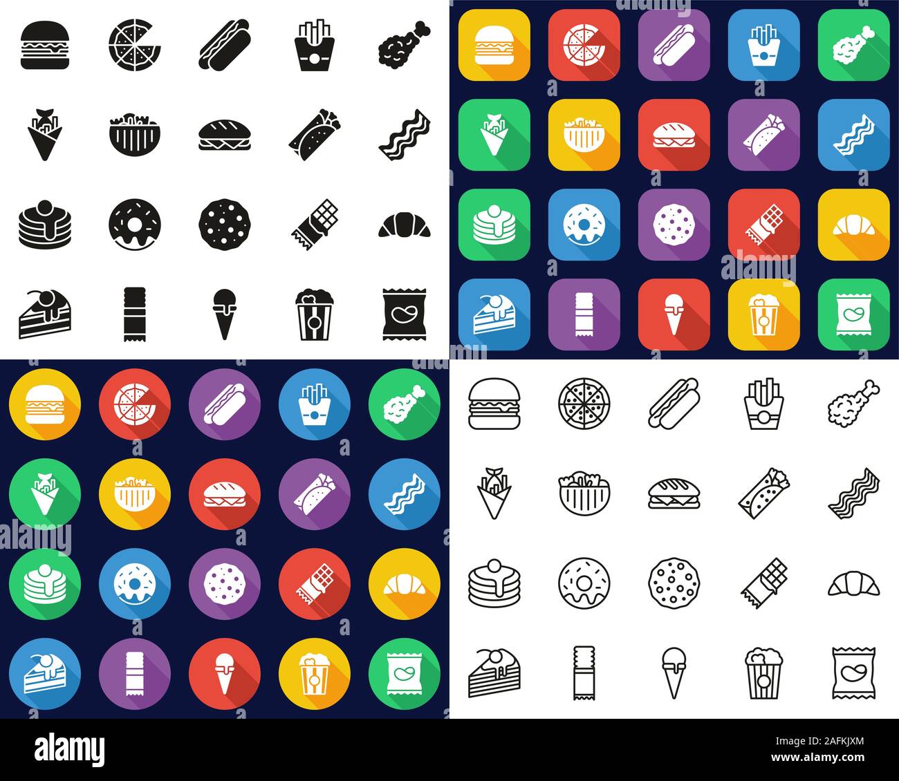 Snack Or Junk Food Icons -Black & White-Color Flat Design-Thin Line ...