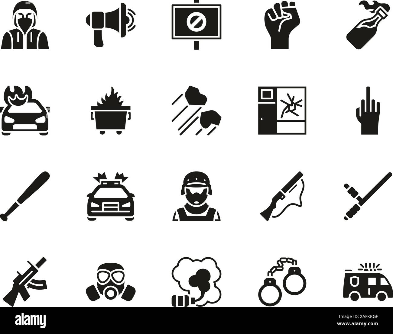 Riot or Public Disturbance Icons Black White Set Big Stock Vector Image ...