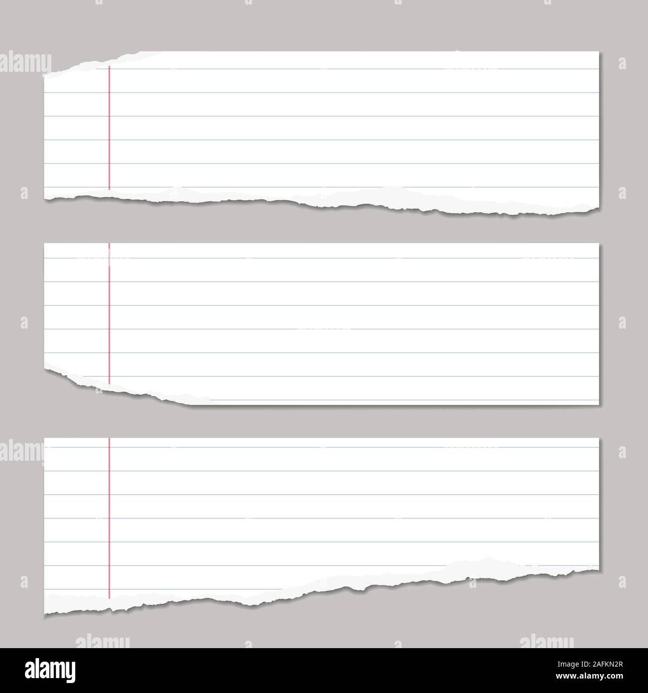 Torn white lined note, notebook paper pieces stuck on grey background ...