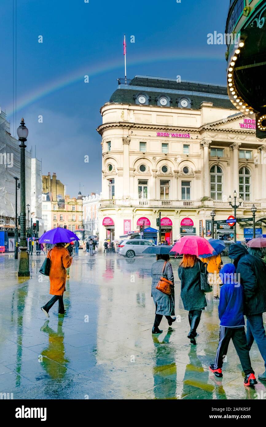 Rainy wet day, rainbow, Piccadilly Circus, London, England, UK Stock ...