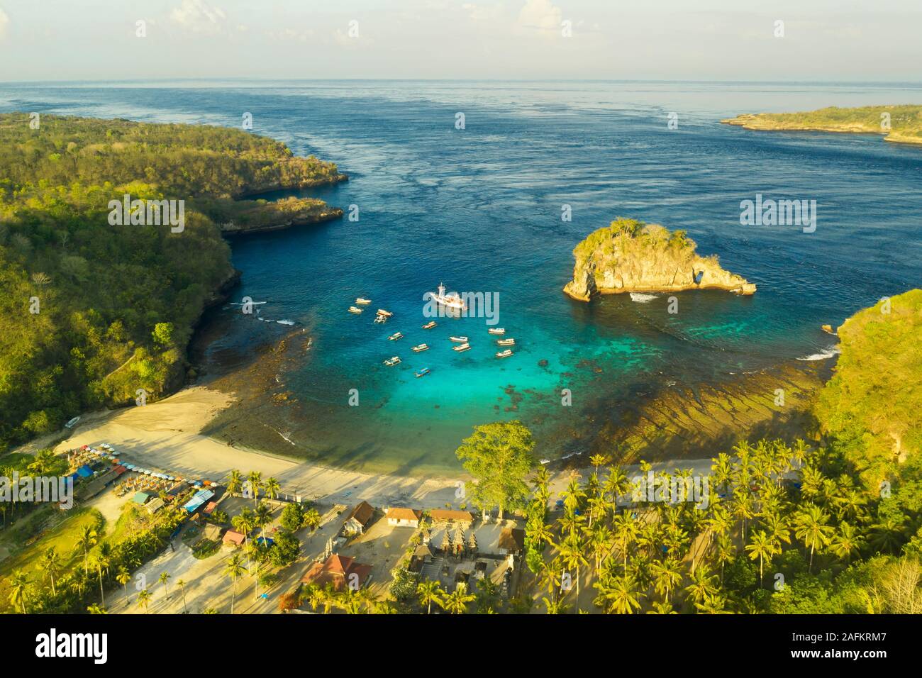 Aerial view, on Crystal bay with scenery fishing boat and crystal clear ...