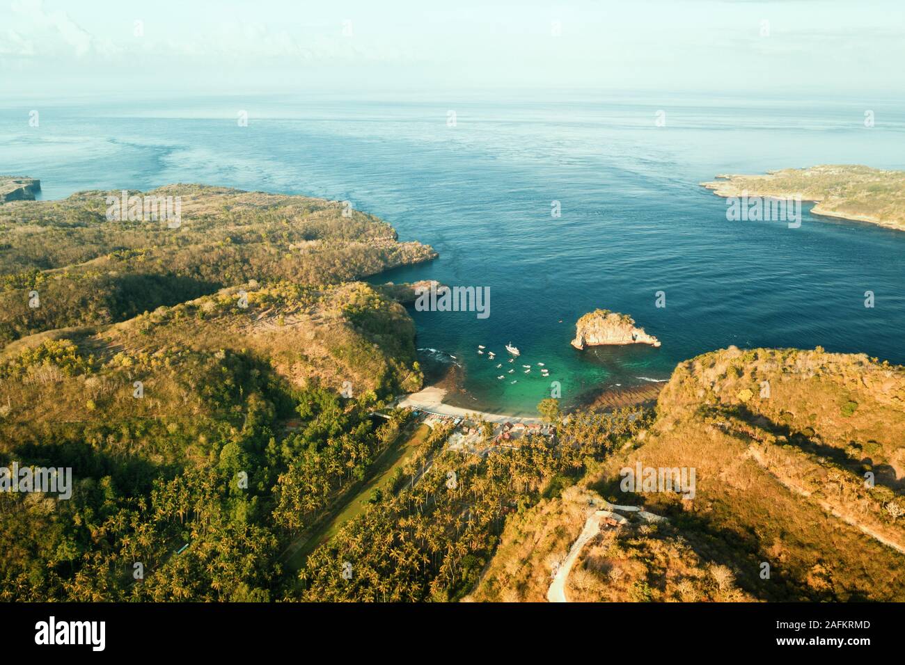 Aerial view of the Crystal bay coastline and beach, Nusa Penida island ...