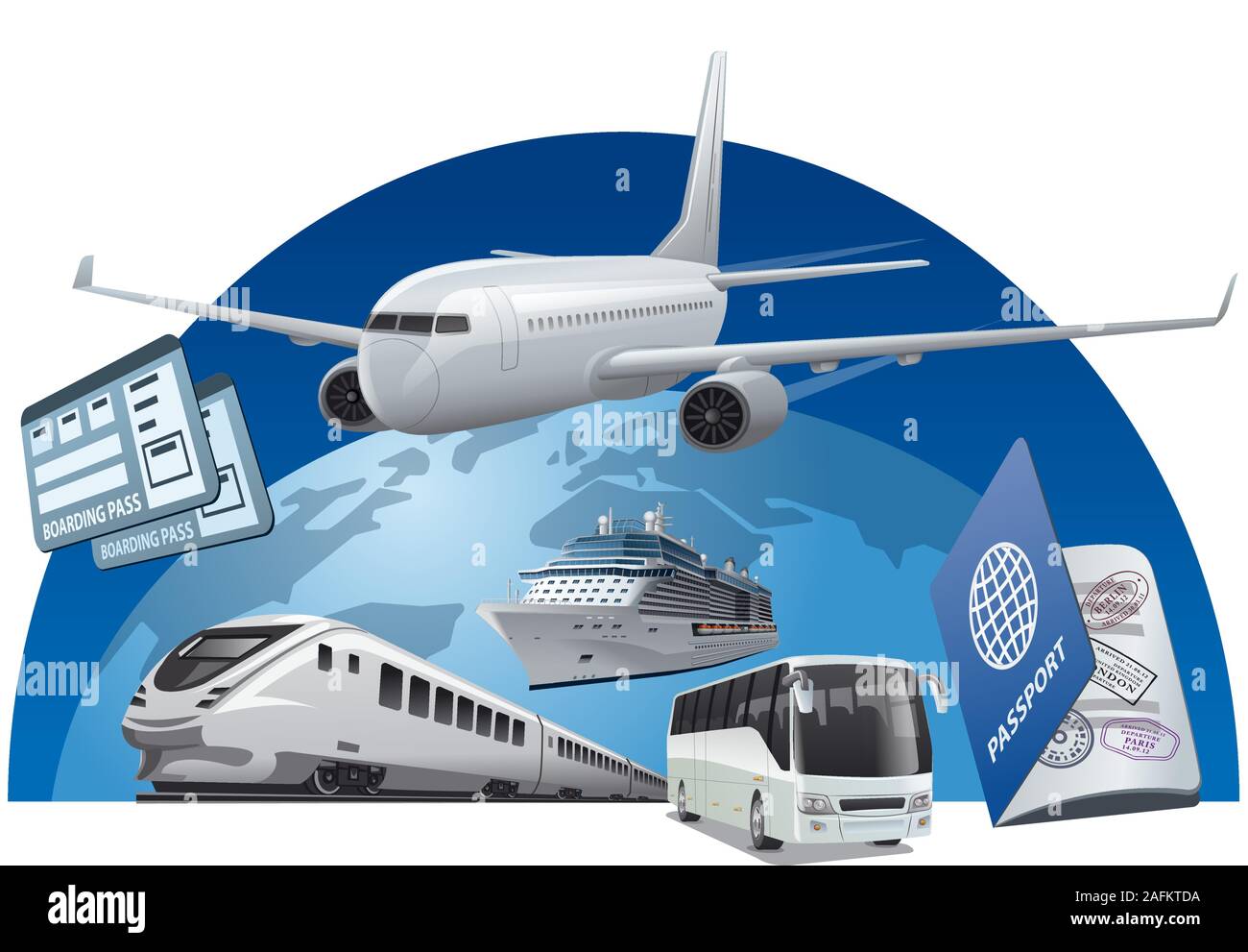 concept illustration of travel around the world by airplane, bus and ...