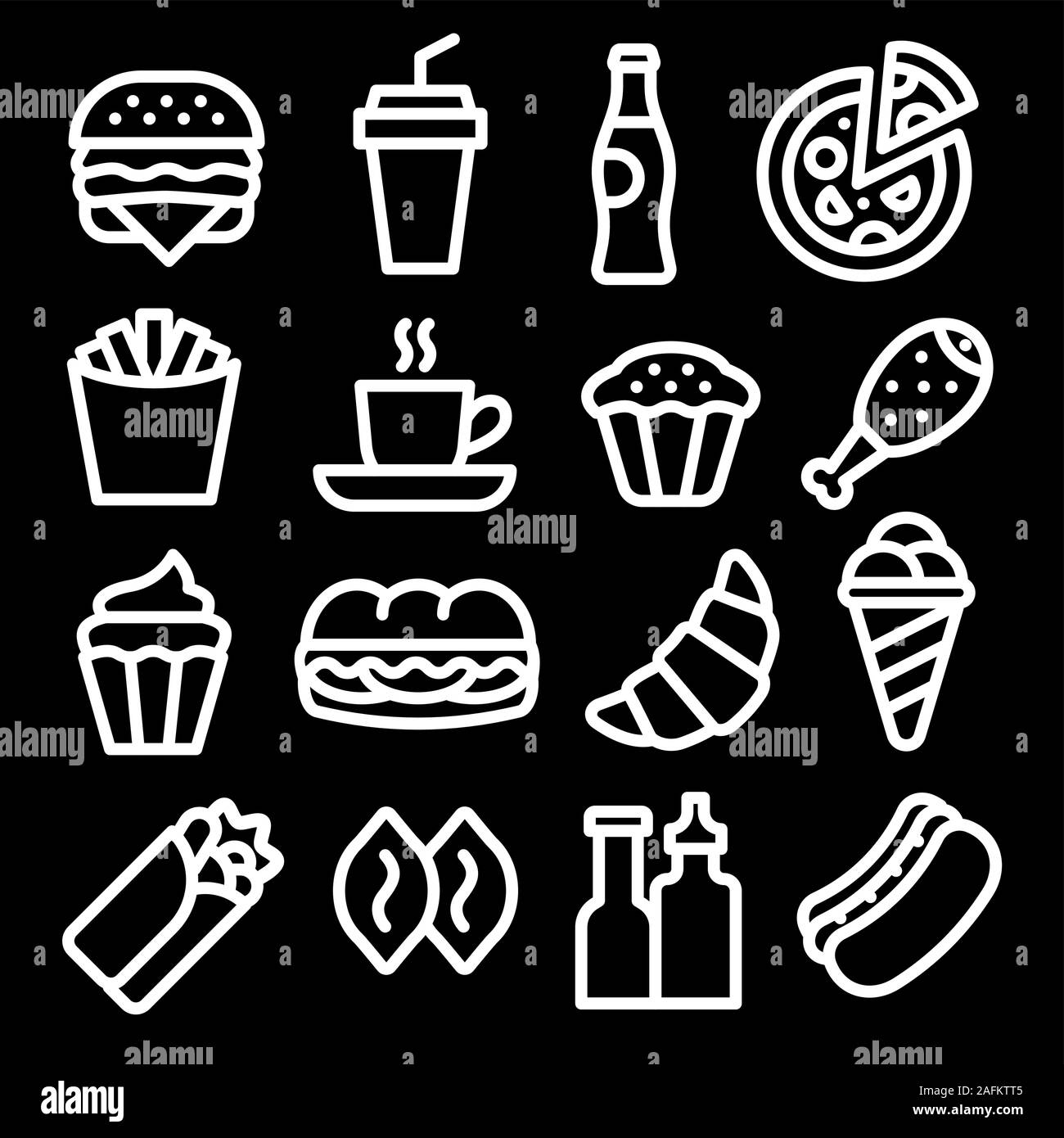 illustration of set fast food icons and signs black and white Stock ...
