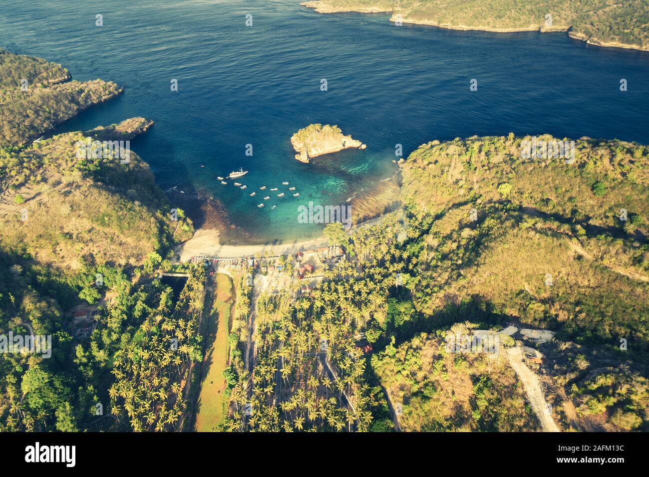 Aerial view, on Crystal bay with scenery fishing boat and crystal clear ...