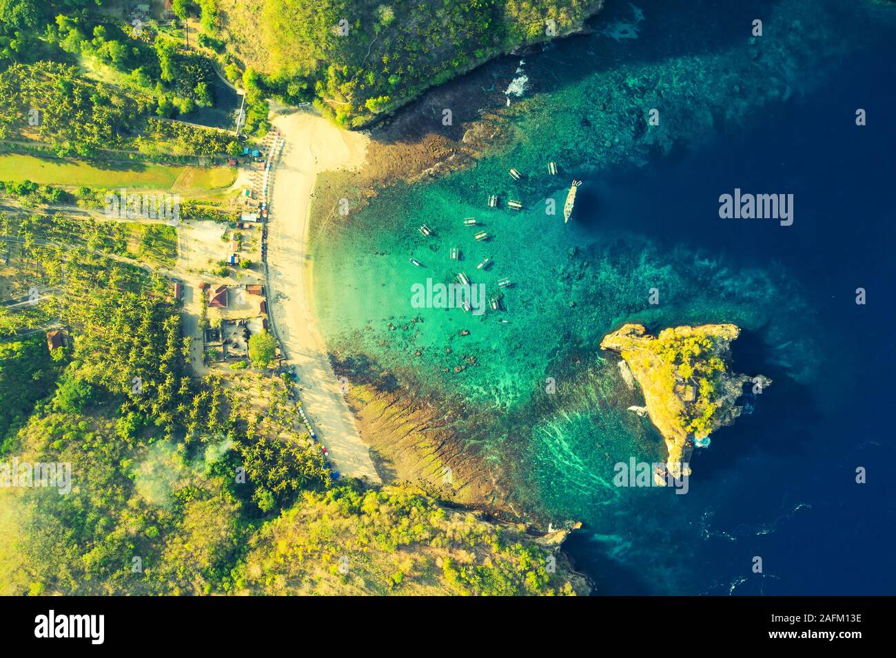 Aerial view, on Crystal bay with scenery fishing boat and crystal clear ...