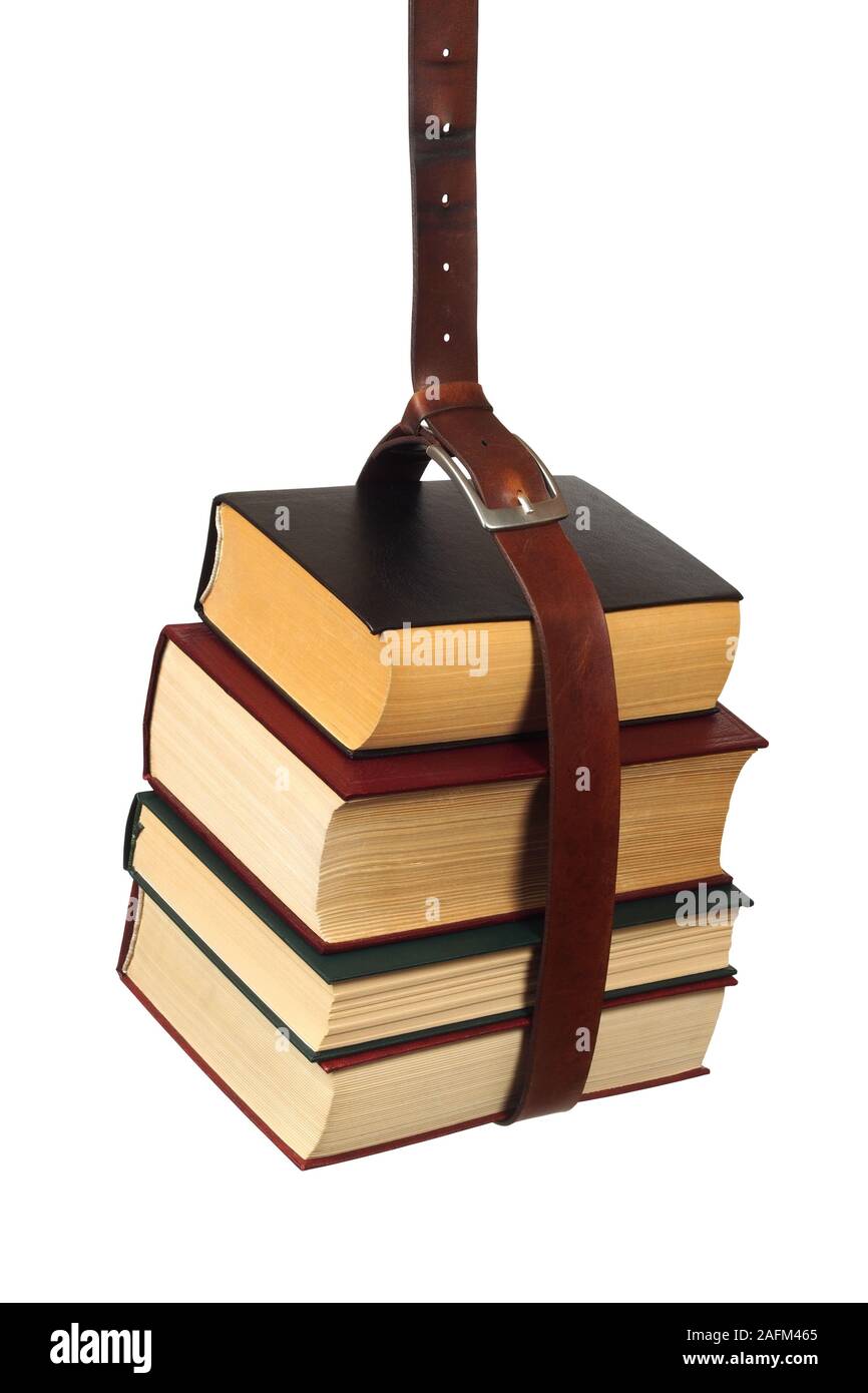 Books hanging on belt isolated on white background Stock Photo - Alamy