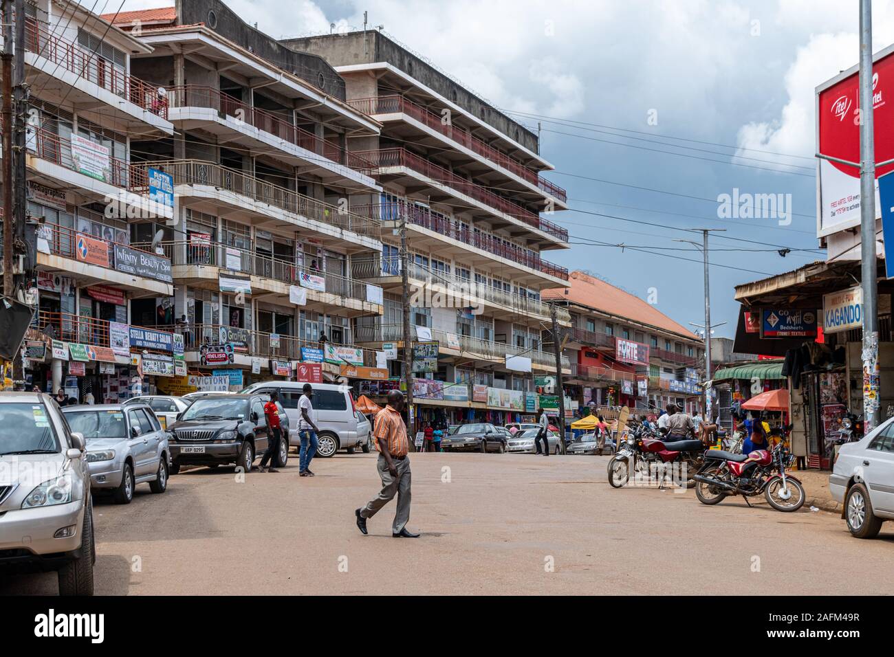 Urban shopping district street scene in Masaka, Buganda Region in ...