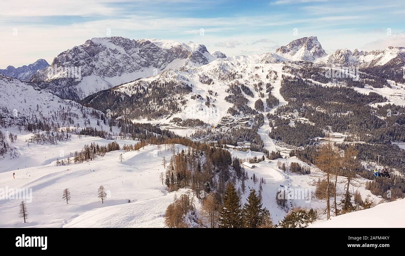 Cloudy morning in Alps, Nassfeld, Austria. Mountain slopes covered with ...
