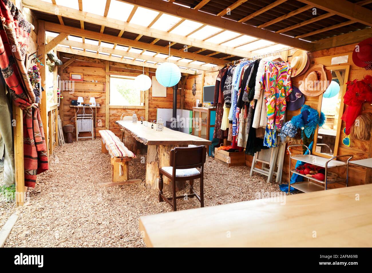 Interior View Of Communal Room On Glamping Camp Site With Vintage ...