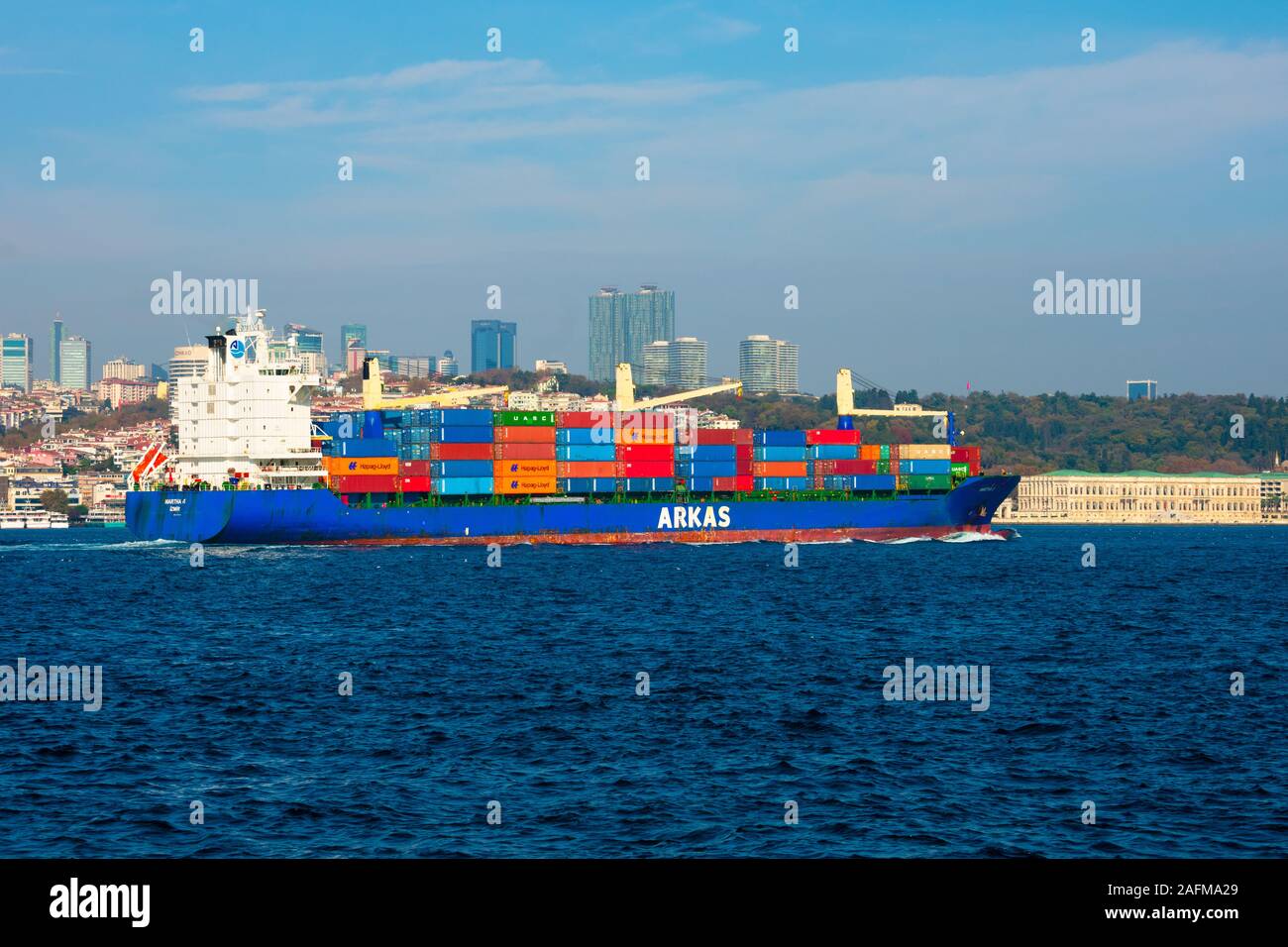 Istanbul, Turkey. November 21, 2019. View of a container ship on ...