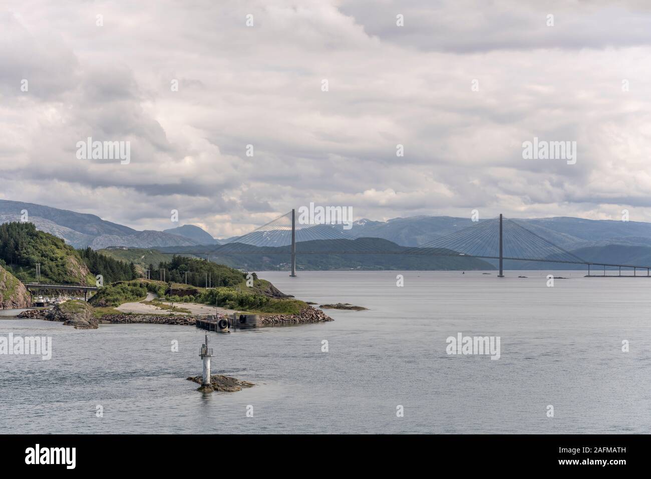 high cantilever bridge on fjord, shot under summer bright light at ...