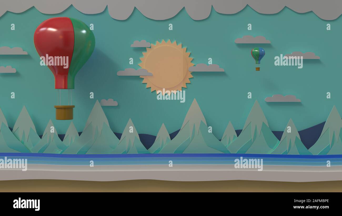 A balloon floats above the iceberg. Cloud and sun, 3D paper cutting, 3D ...