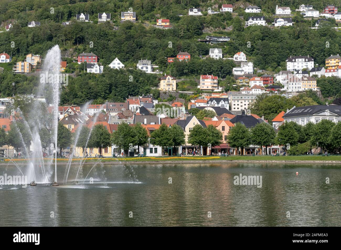 BERGEN, NORWAY - July 19 2019: touristic town cityscape with water ...