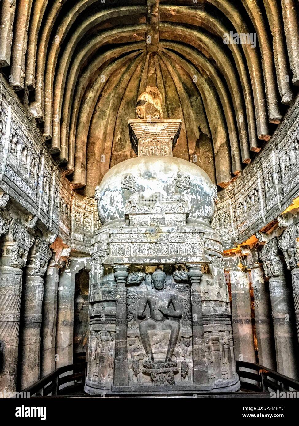 Ajanta caves with Buddha statue and beautiful architectural carvings on ...