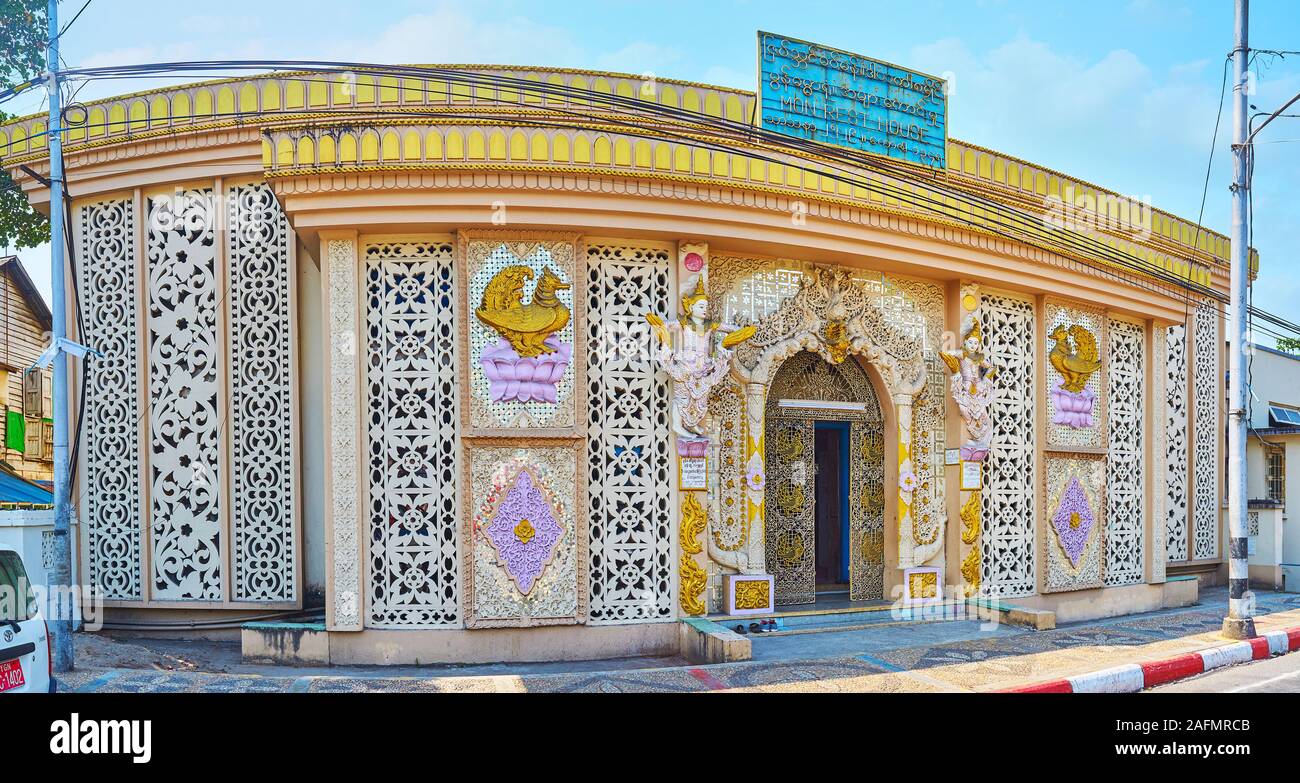 YANGON, MYANMAR - FEBRUARY 17, 2018: Panorama of the ornate Mon Rest ...