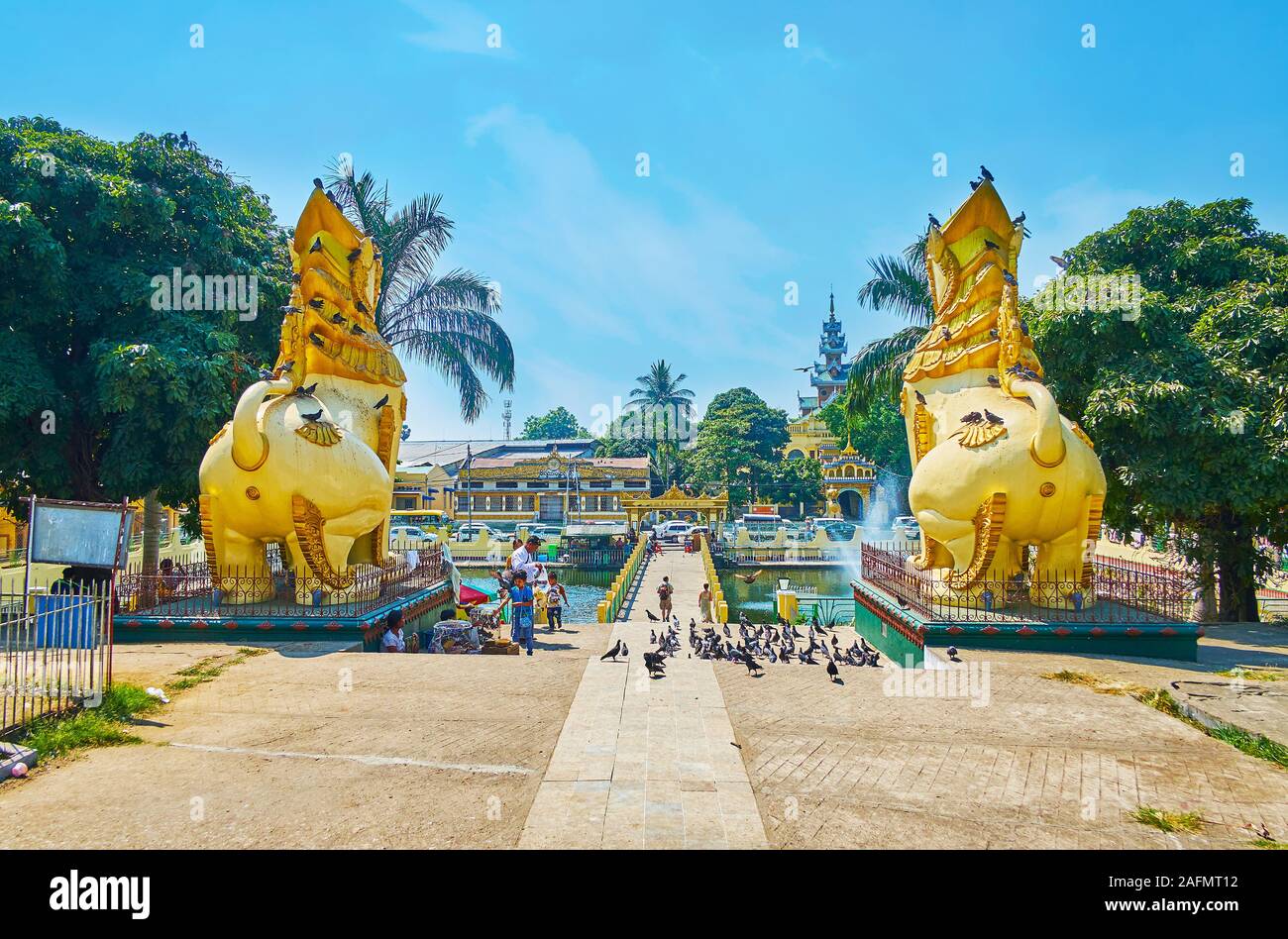 YANGON, MYANMAR - FEBRUARY 17, 2018: The view from behind of chinthe ...