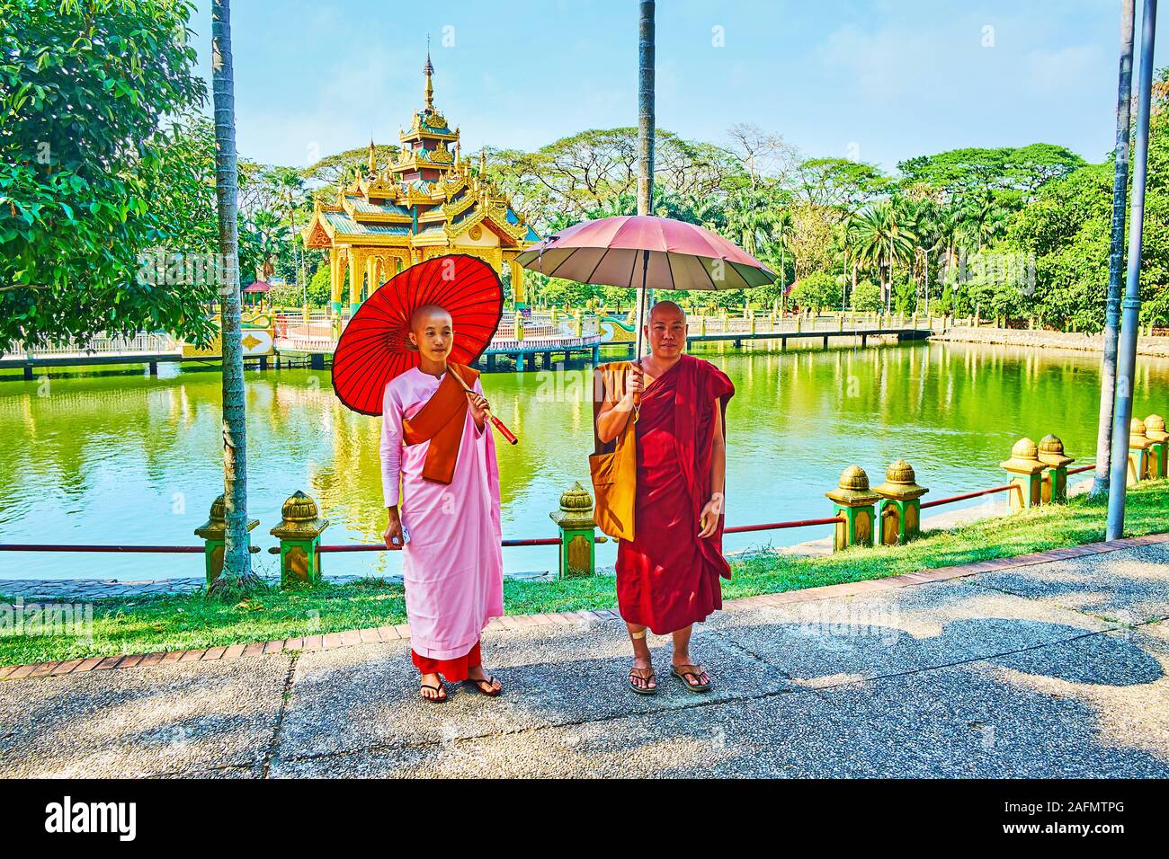 YANGON, MYANMAR - FEBRUARY 17, 2018: The young Bhikkhu monk and ...