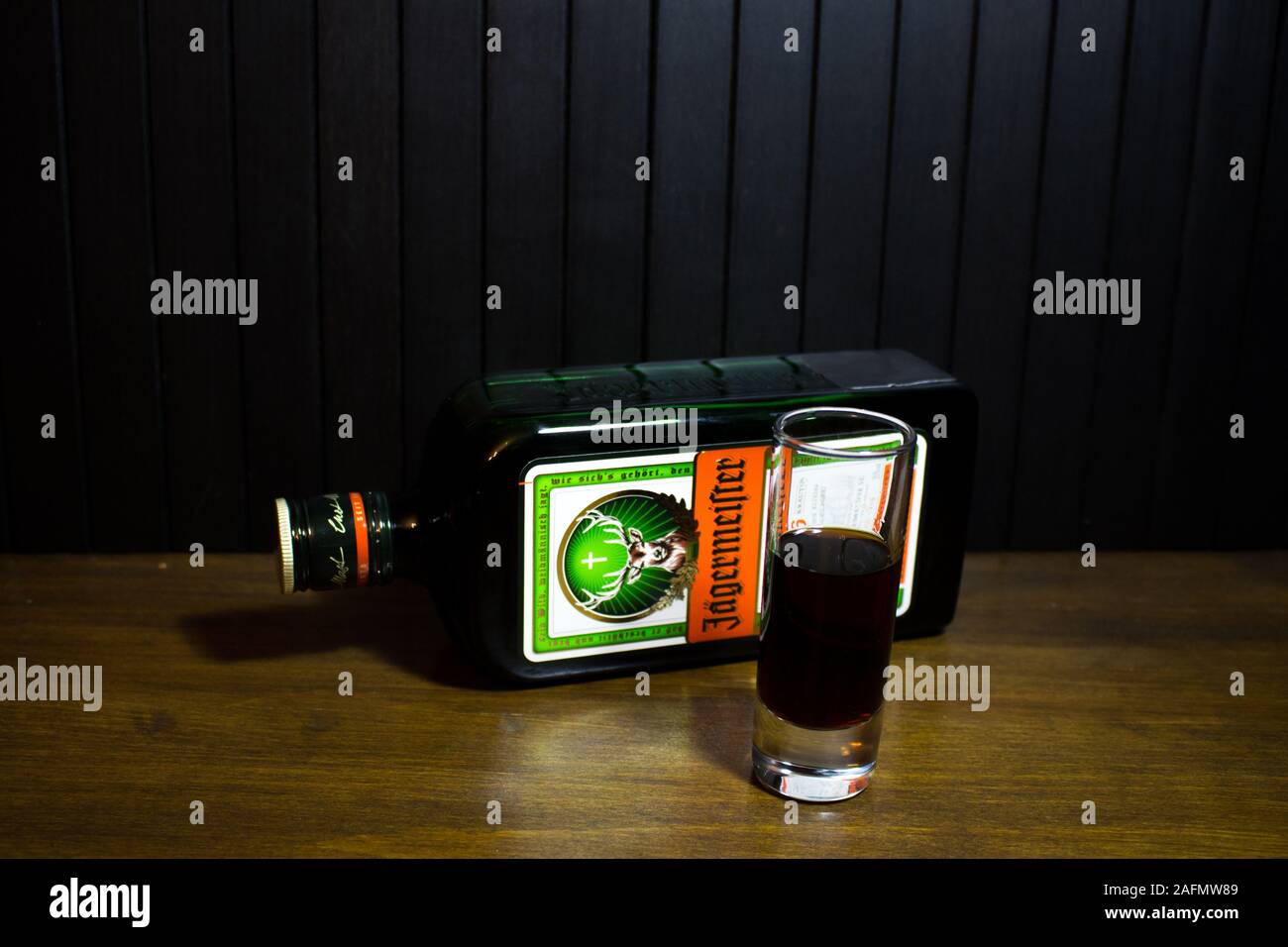 Bottle of Jagermeister alcohol drink, German digestif made with 56 ...
