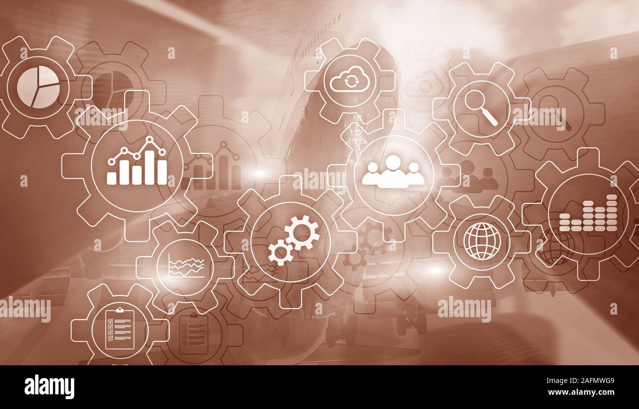 Business process abstract diagram with gears and icons. Workflow and ...