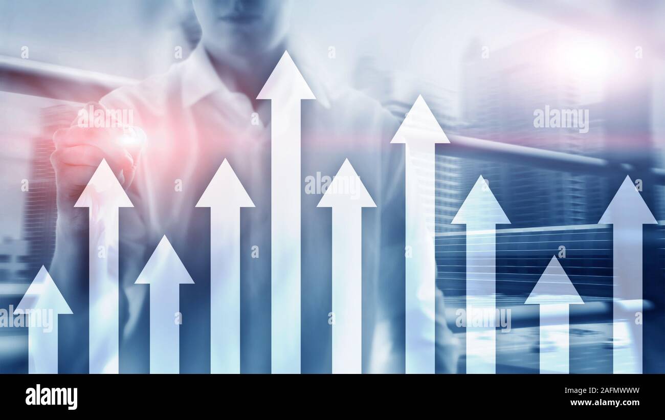 Up arrow graph on skyscraper background. Invesment and financial growth ...