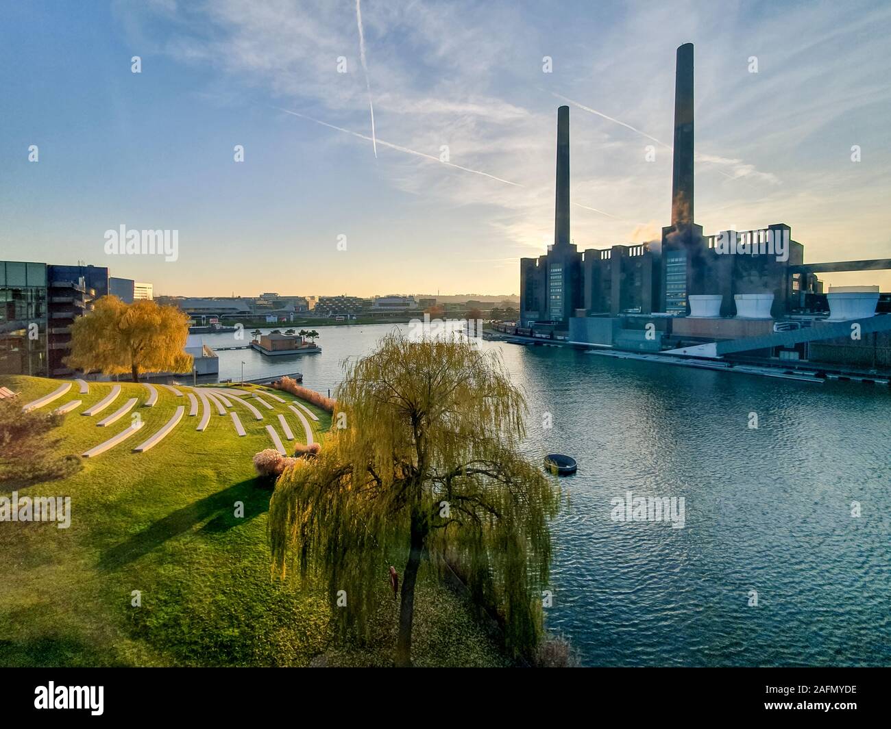 The Volkswagen/VW car construction Factory with the pipes of the ...