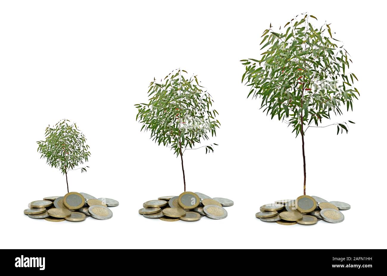 Three trees growing from pile of coins Stock Photo - Alamy