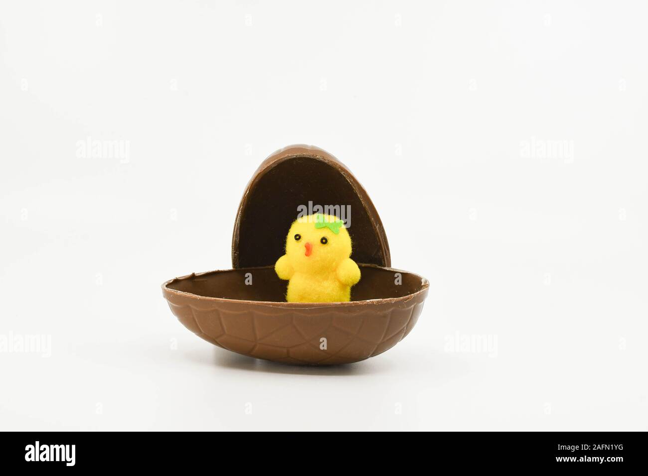 Single small yellow model chick sitting in half a chocolate Easter egg ...