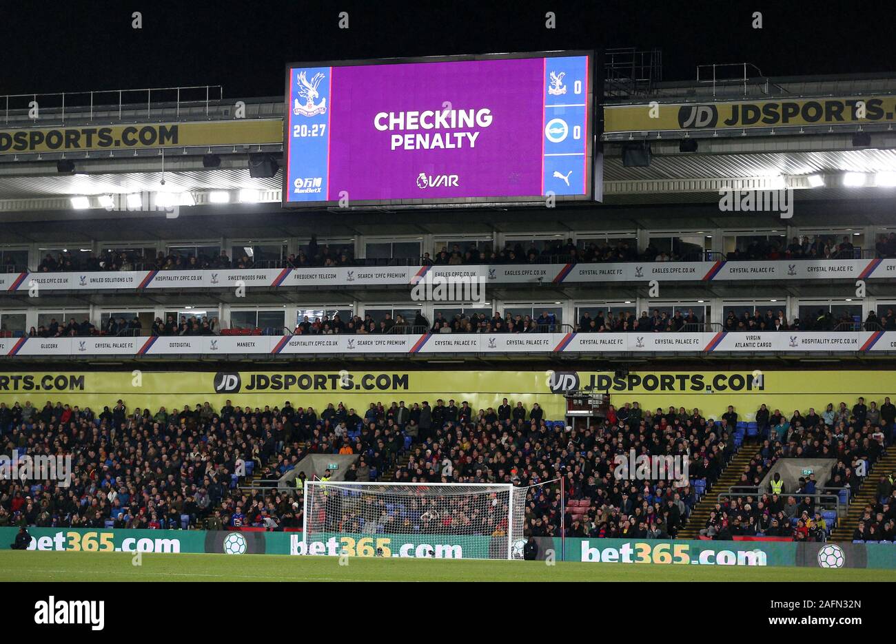 A view of the giant screen as VAR checks a penalty appeal during the ...