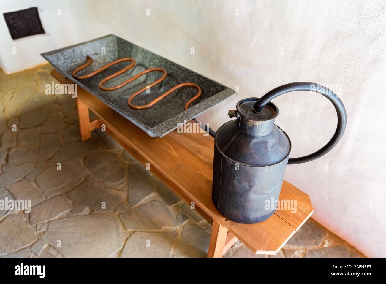 Traditional alcohol distillation equipment, hooch still close up Stock ...
