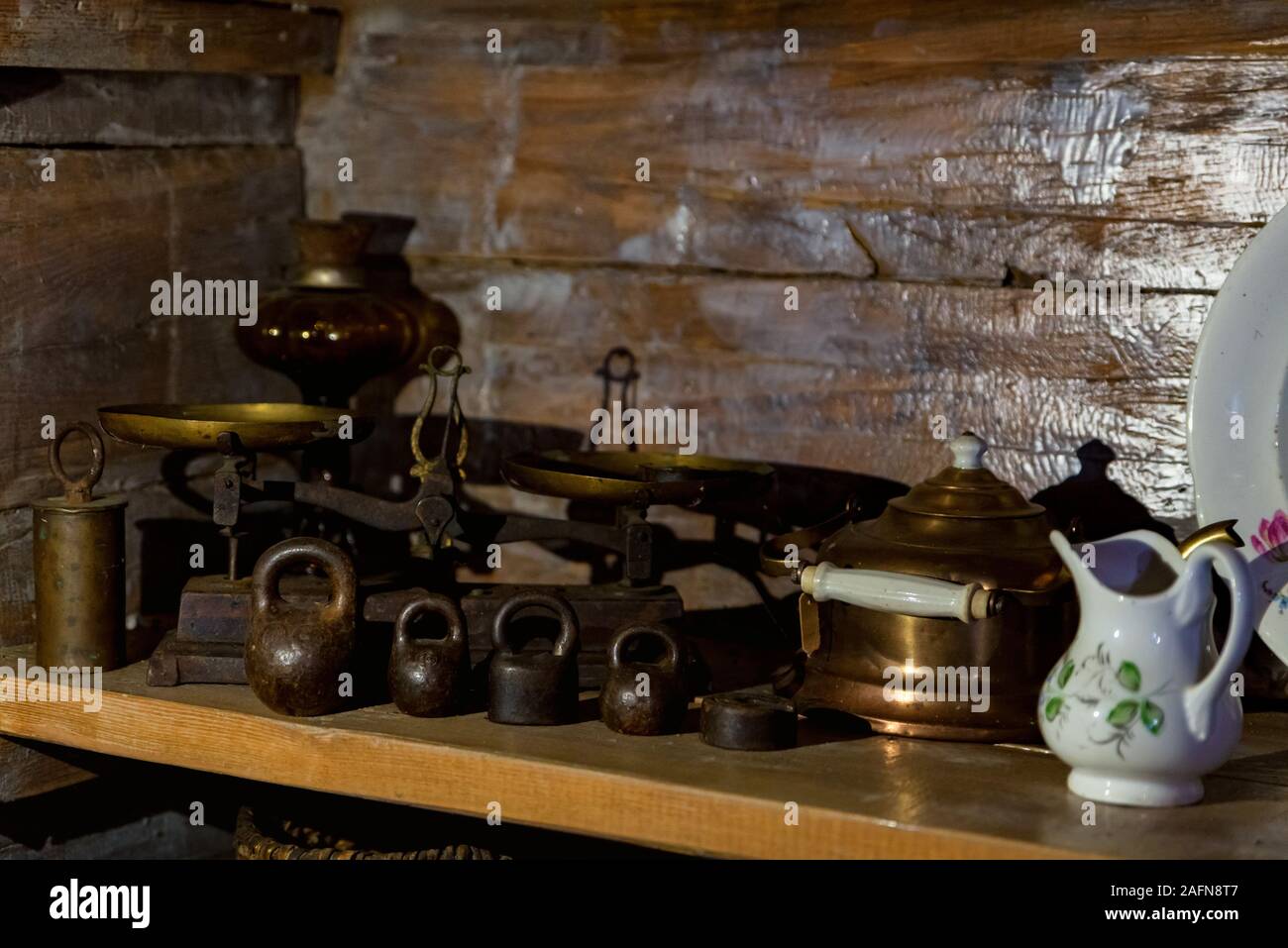 Close view of ancient weighting scales and weights in museum Stock ...