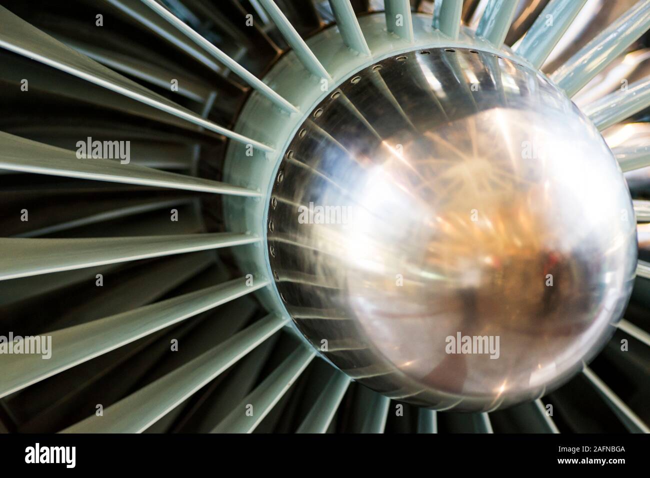 This close up image of a business aircraft jet engine inlet fan ...