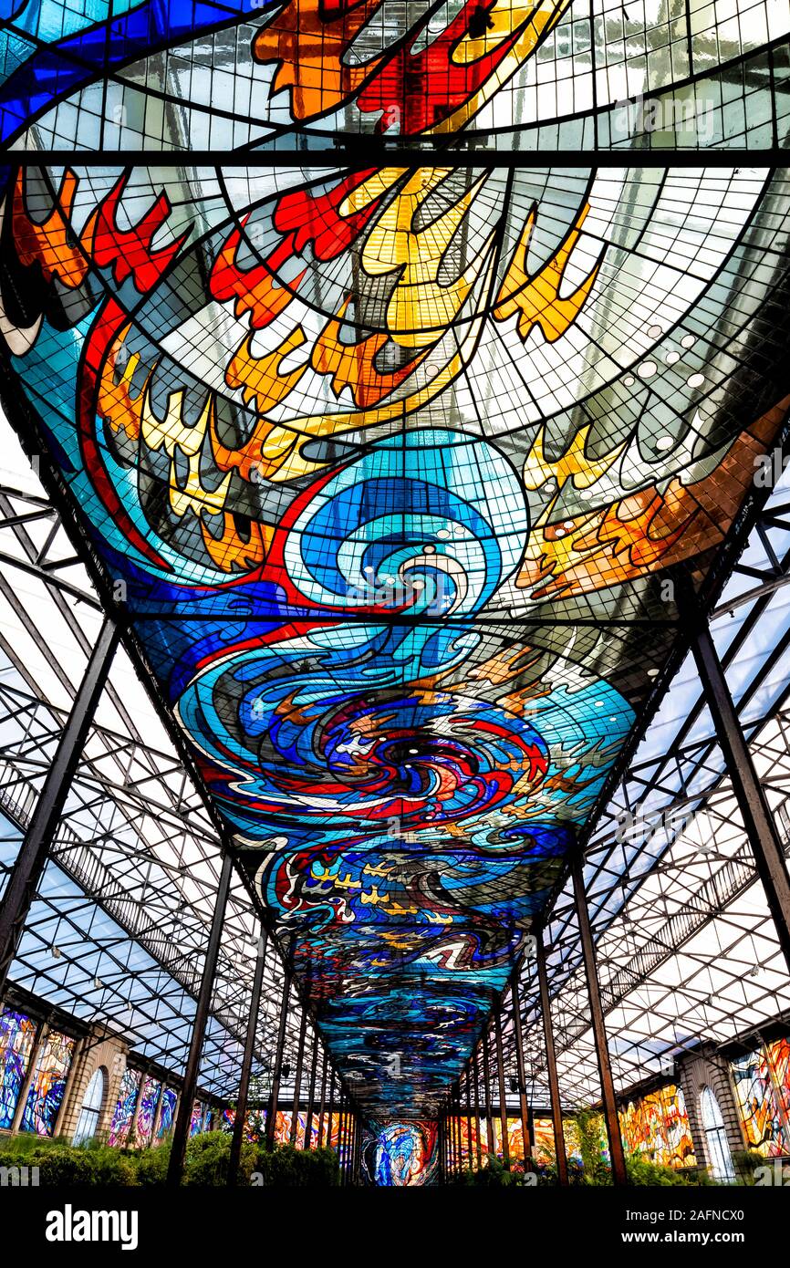 Stained glass roof of the Cosmovitral Botanical Garden, Toluca, Mexico ...