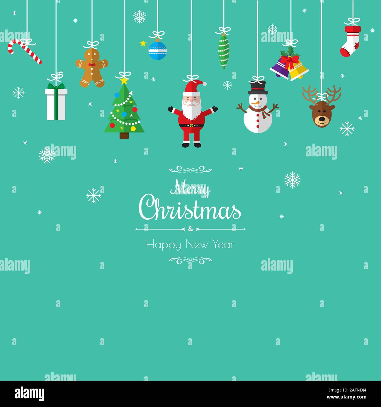 Christmas greetings ornament elements hanging in green background ...
