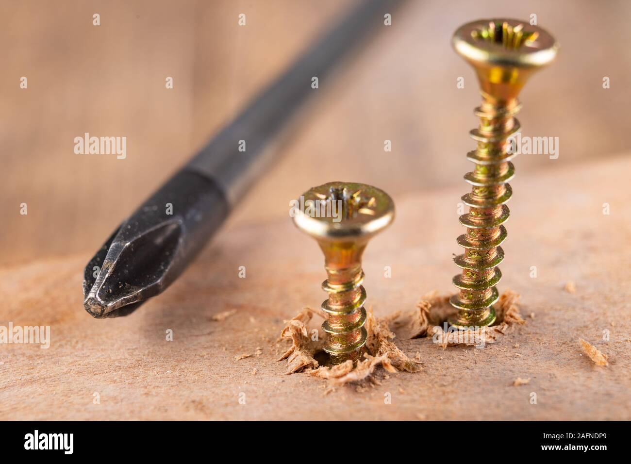 Screwdriver and screws for connecting wooden elements. Carpentry tools ...