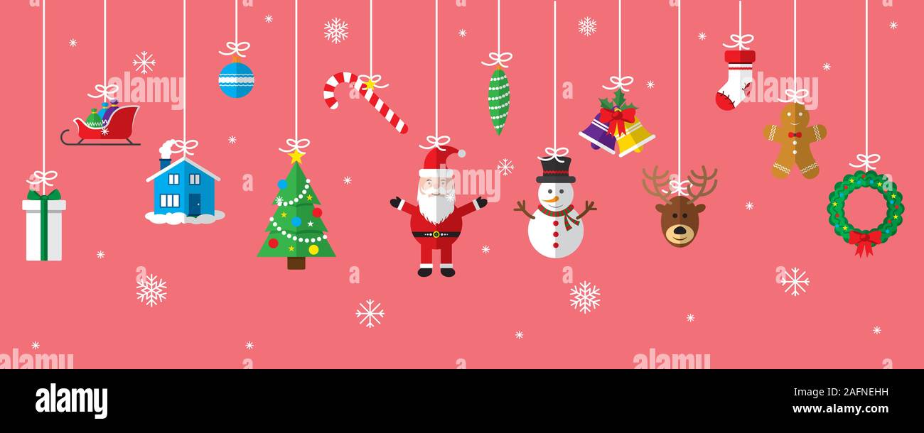 Christmas greetings ornament elements hanging in red background. Santa ...