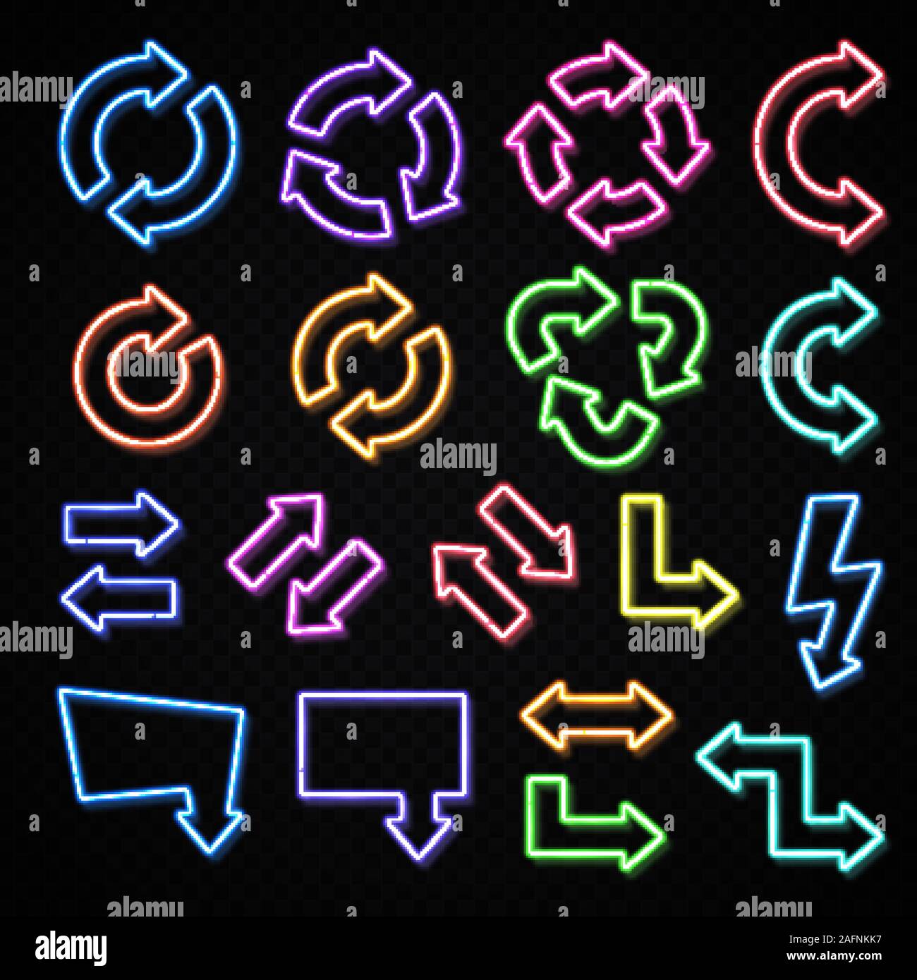 Neon lights arrows vector set isolated on black background. Color ...