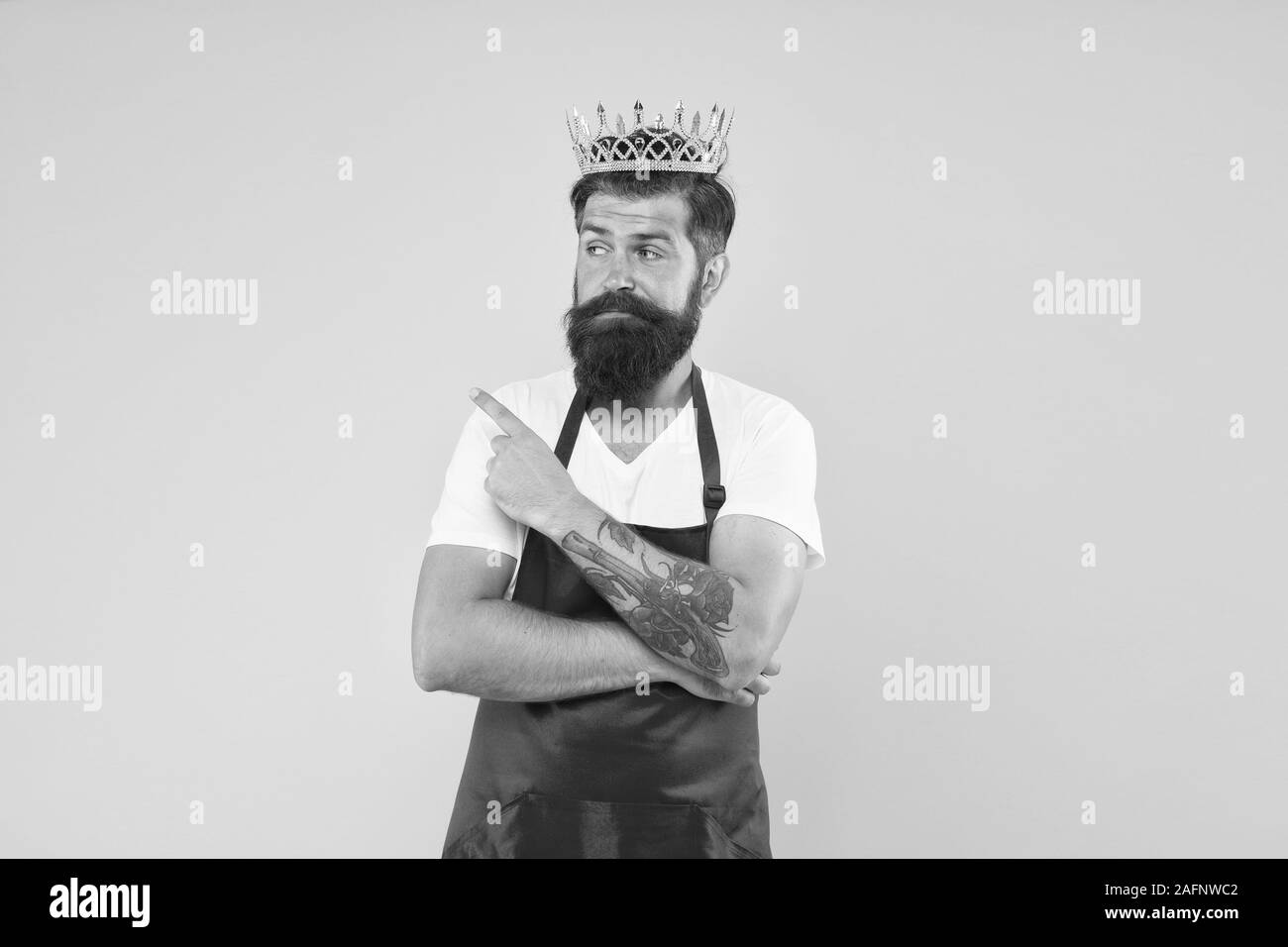 Premium quality. Cook food. Cook with beard and mustache yellow ...