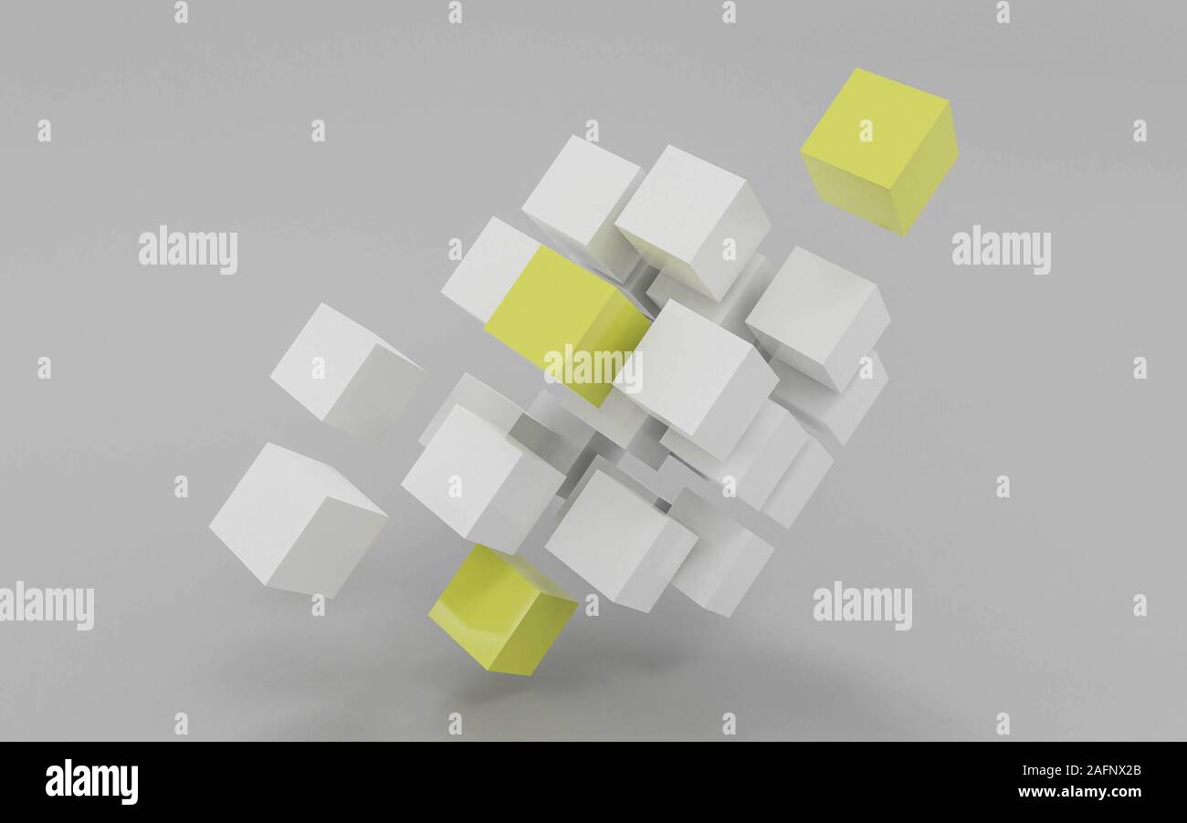 white and yellow flying cubes and boxes in in front of white background ...