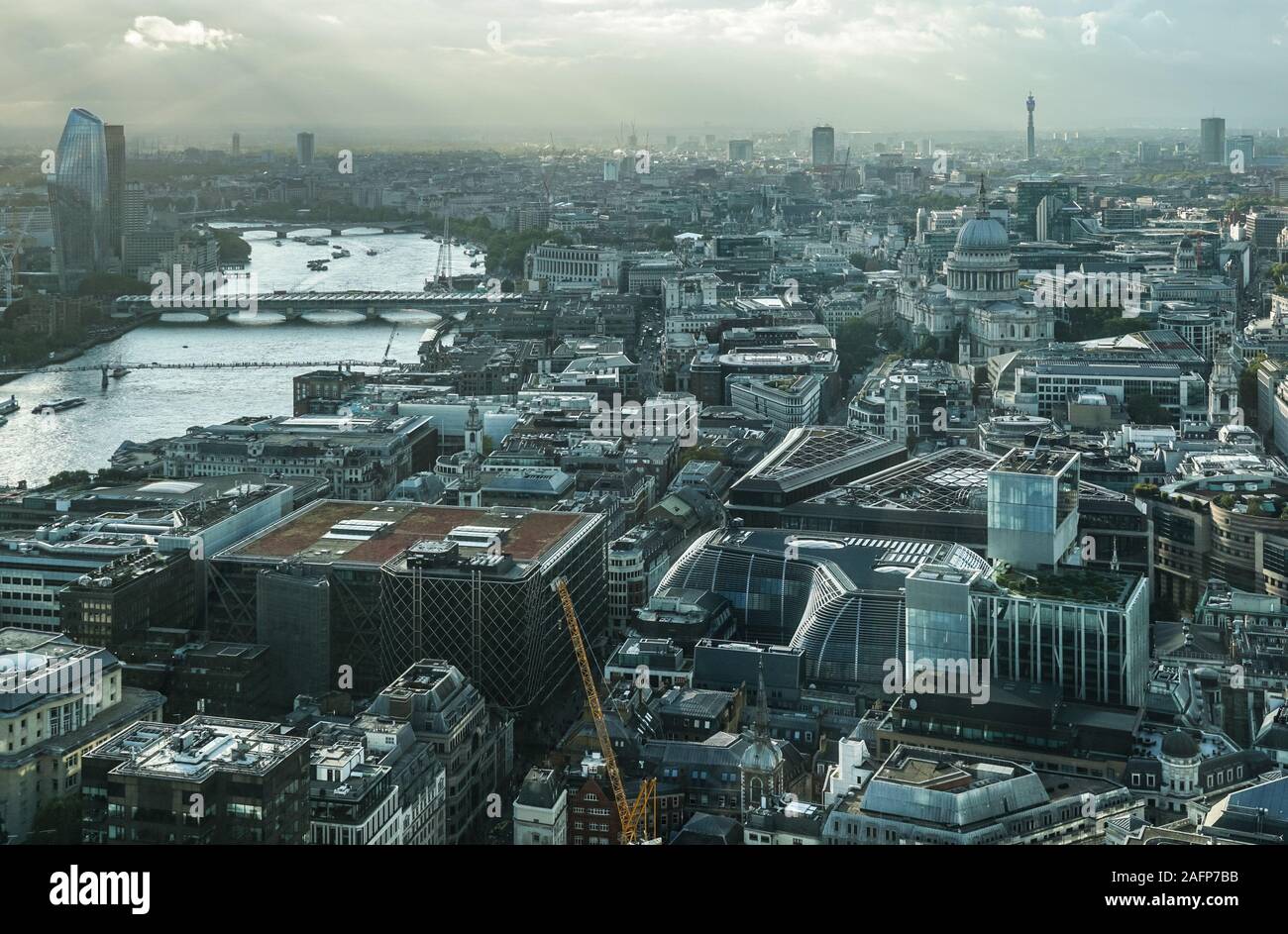 Aerial view of centre of London with River Thames, England United ...