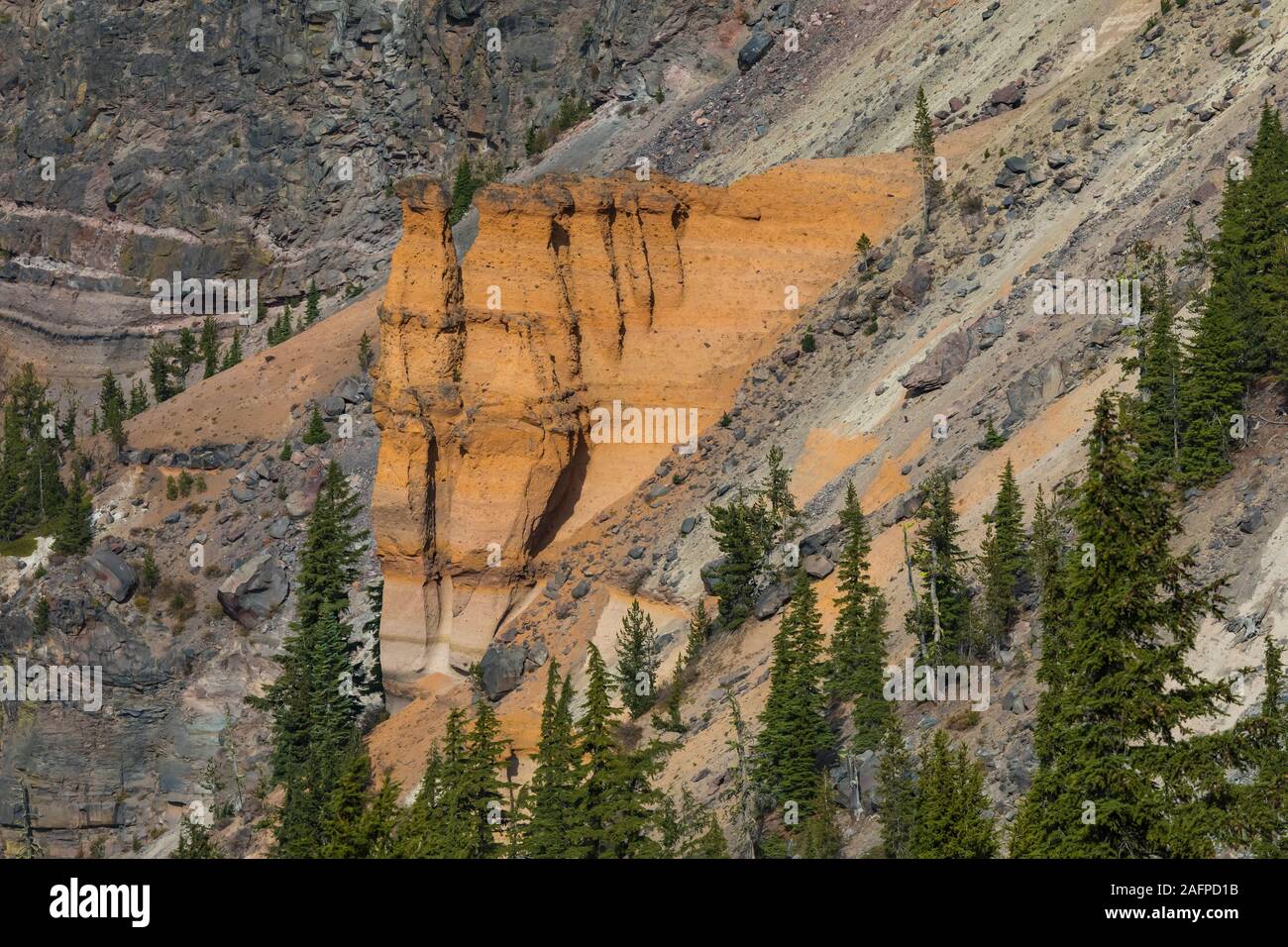 Pumice Castle, aka Castle Rock, in the caldera of Crater Lake National ...