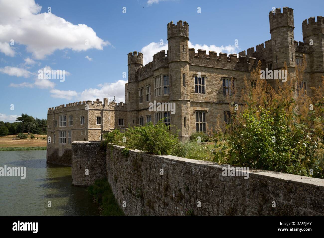 Leeds Castle, exterior view from west side adjacent the moat near ...