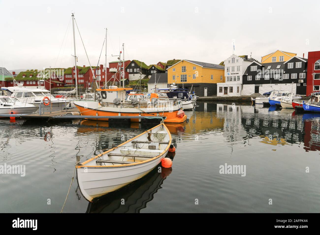 A double ender boat moored in the marina in Tórshavn, Faroe Islands ...