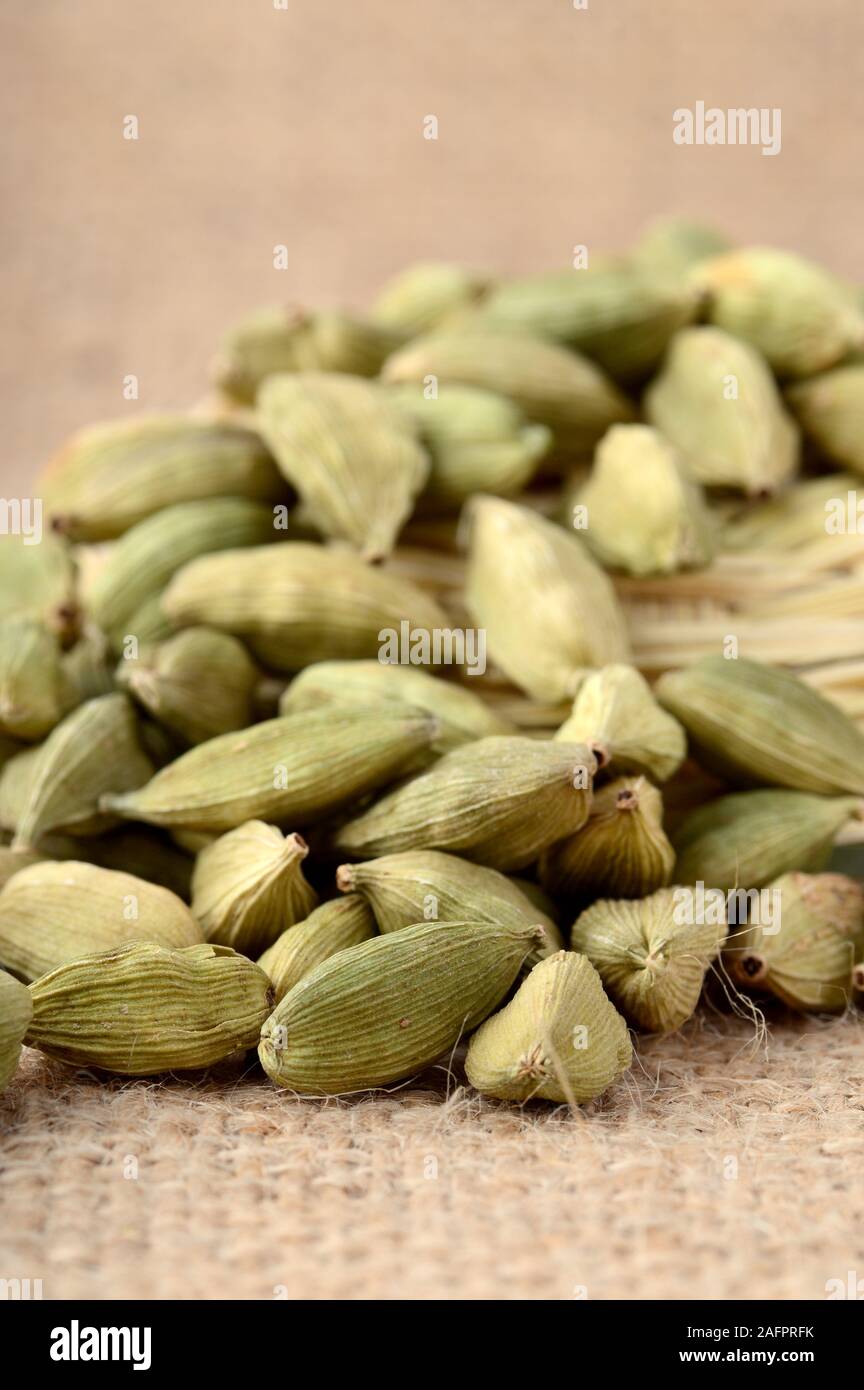 Green Cardamom pods on sack cloth Stock Photo - Alamy