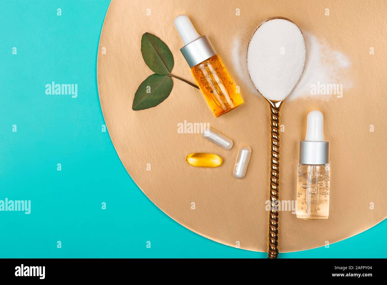 Different types of collagen. Powder, capsules, tablets and fluid Stock ...