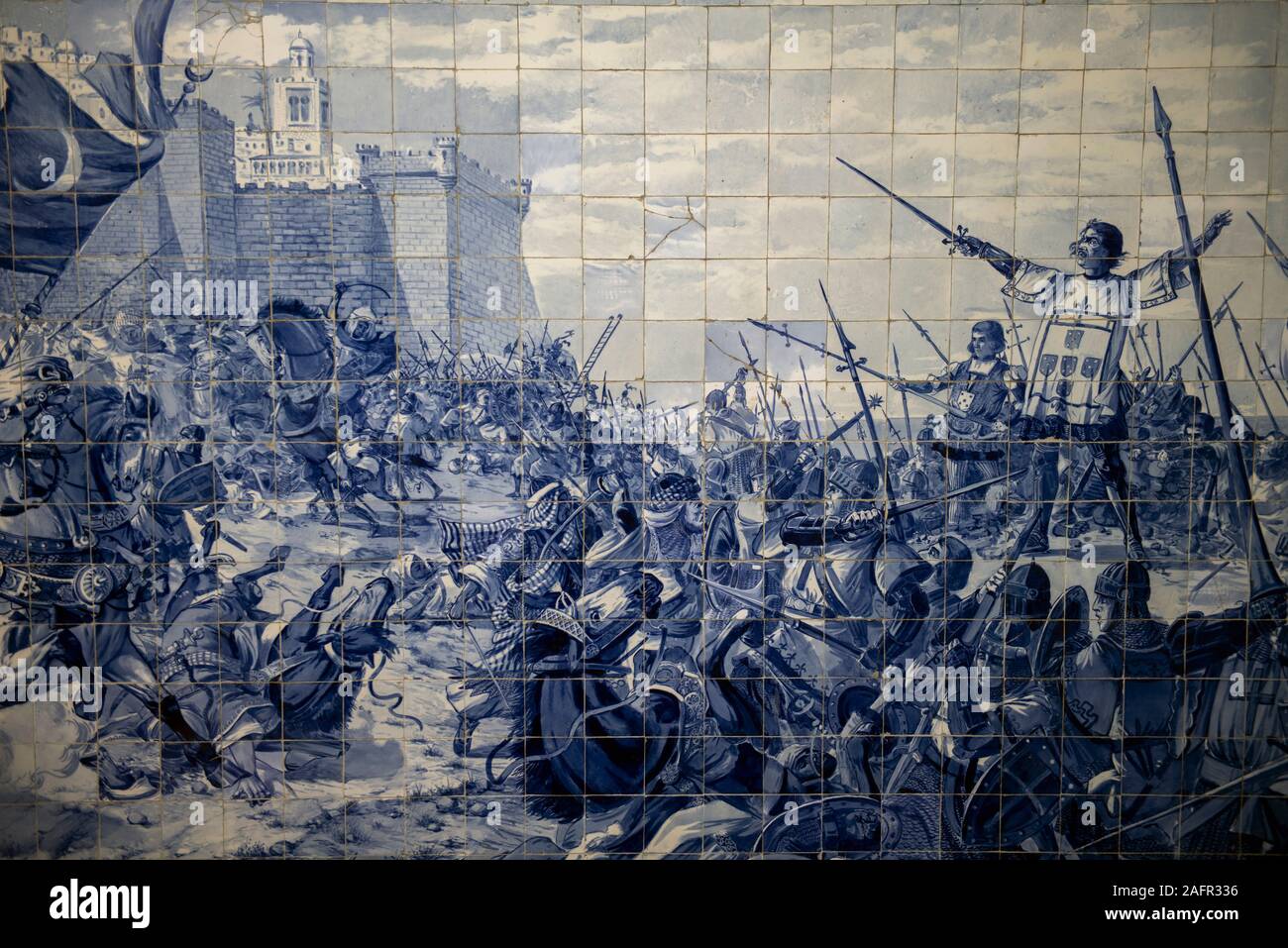 Azulejo tiles depicting battle scene, Buçaco Palace Hotel, Luso ...