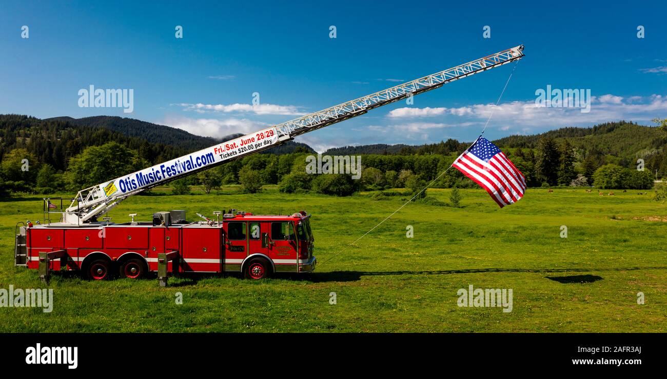 MAY 29, 2019, OTIS OREGON, USA - Fire Truck and flag promotes Music ...