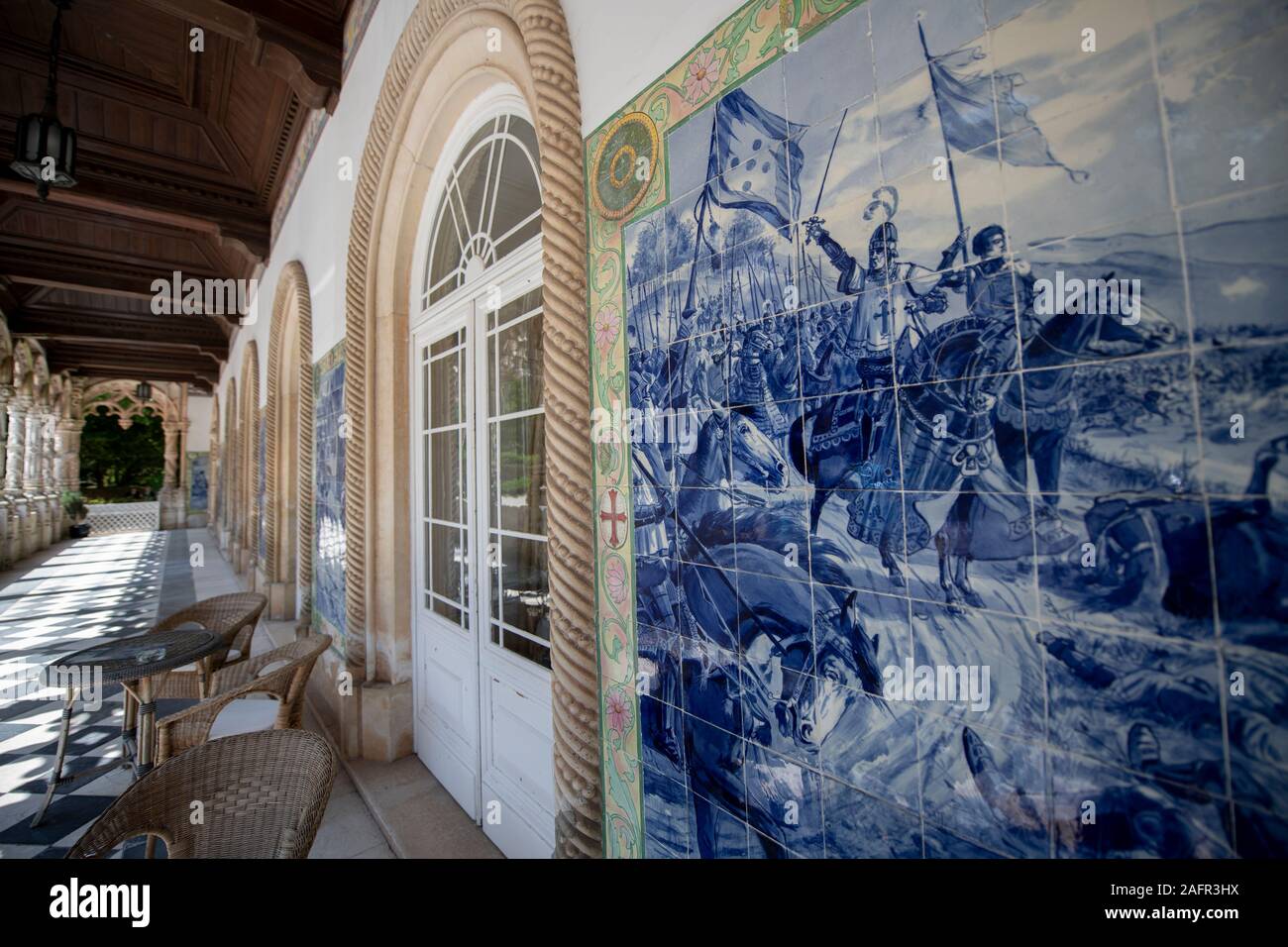 Azulejo tiles depicting Battle of Buçaco, verandah of Buçaco Palace ...