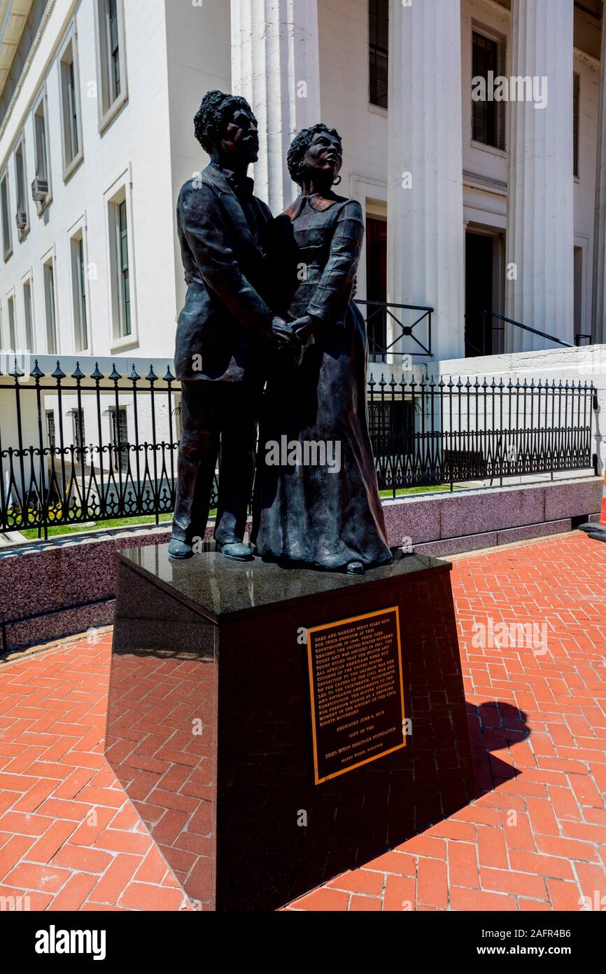 MAY 16, 2019, ST LOUIS, MO, USA - Statue noting the historic Dred Scott ...