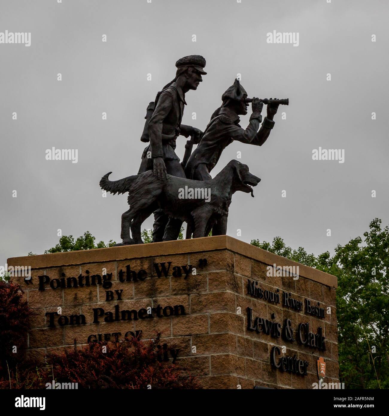 MAY 2019, NEBRASKA CITY, NE USA - Statue of Lewis Clark and Seaman the ...